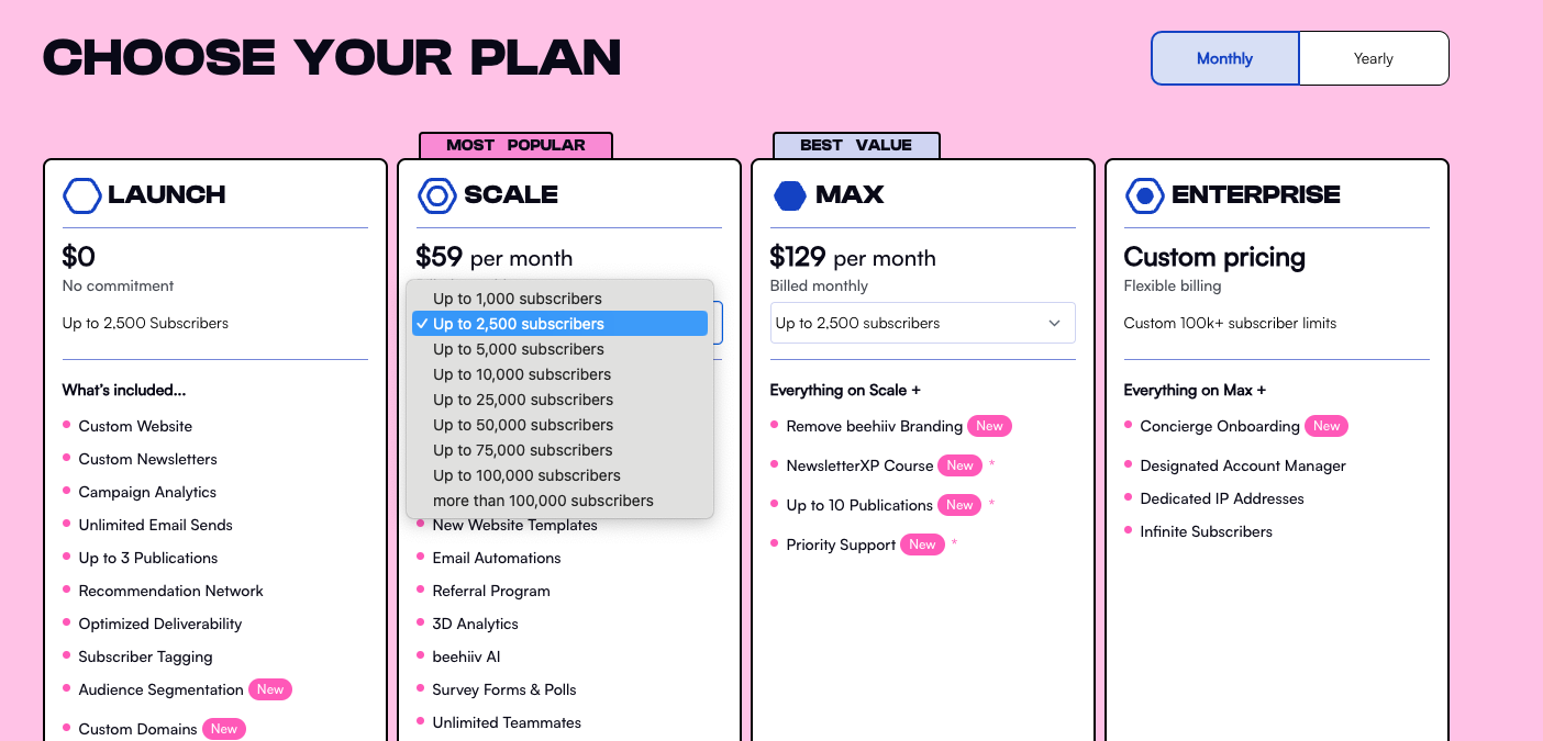 Plan Types and Subscriber Plan Tier Pricing - Knowledge Base - beehiiv
